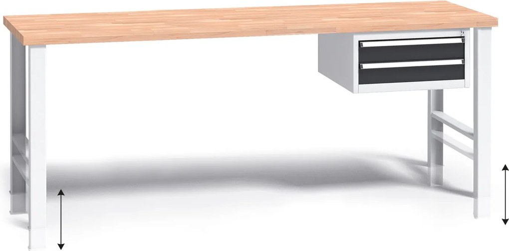 Výškově nastavitelný pracovní stůl do dílny G3 se závěsným boxem na nářadí, buková spárovka, 2 zásuvky, 2000 x 685 x 840 - 1050 mm, grafit