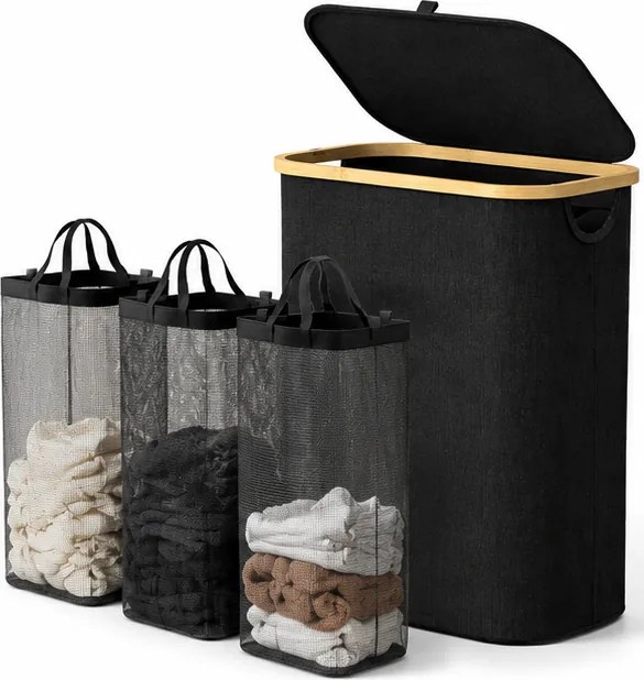 koš na prádlo, objem 110+ l, s víkem, 3 odnímatelné tašky, látka/bambus, 75x43x32 cm, černá/přírodní, Dekorino KP20260003