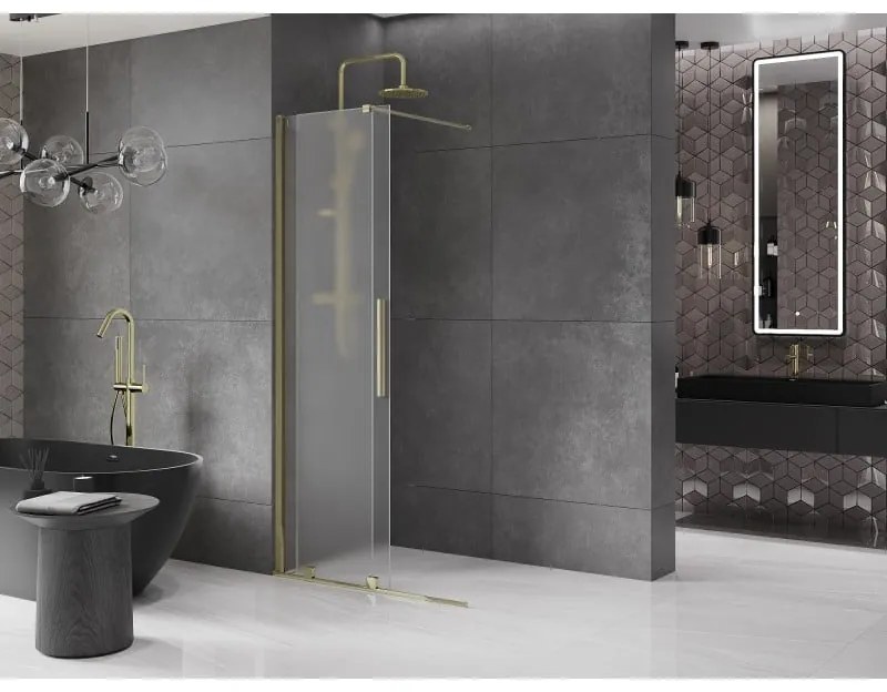 Mexen Velar, sprchová zástěna s posuvnými dveřmi Walk-in 100 x 200 cm, 8mm sklo námraza, zlatá lesklá, 871-100-000-33-50