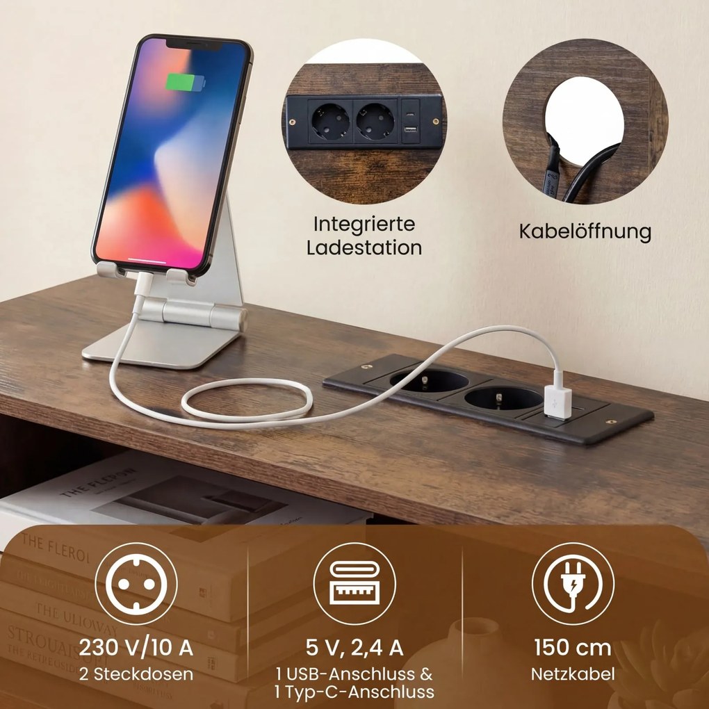 Costway Konzolový stolek s LED osvětlením a nabíjecí stanicí 3 do předsíně, úzký