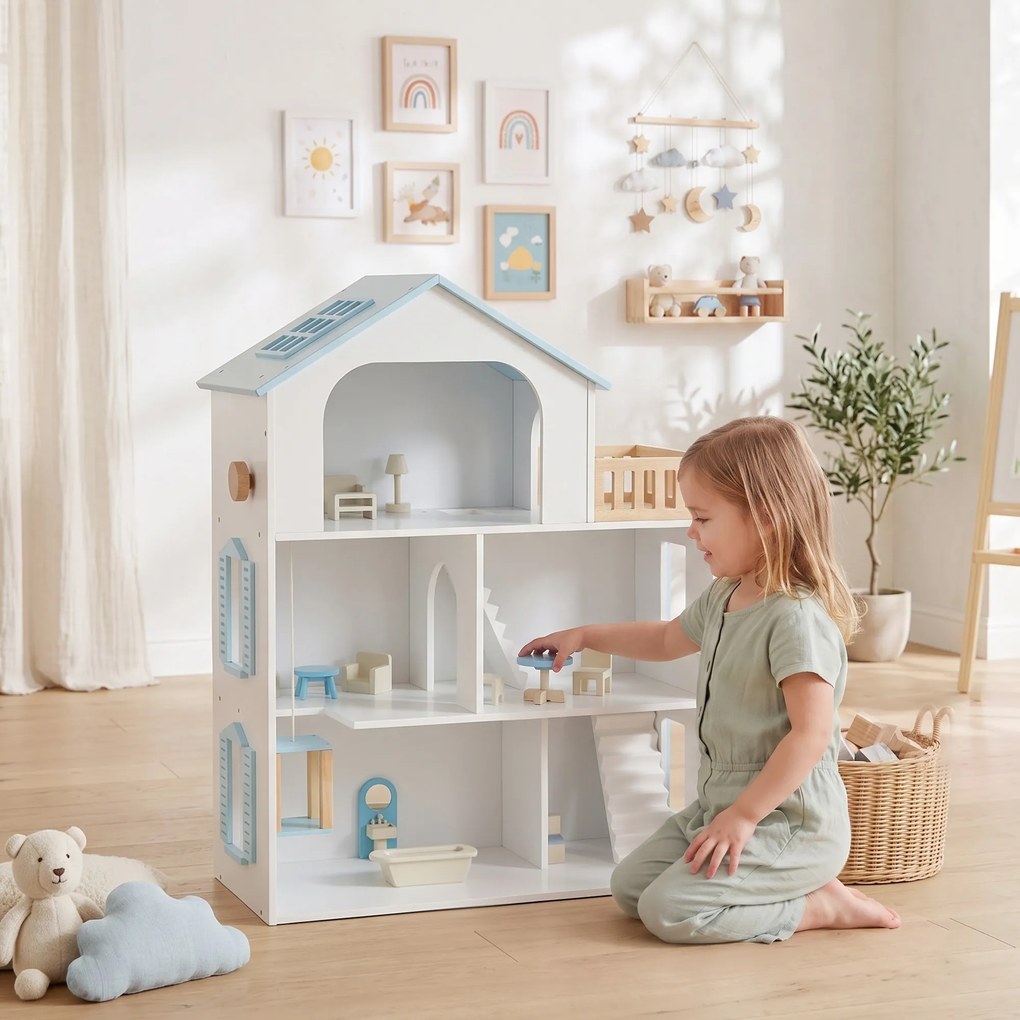 AIYAPLAY Domeček pro panenky 79,5 cm vysoký, 3patrový s výtahem, 13 kusy nábytku, balkón, velký dárek pro dívky od 3 do 6 let, modrý