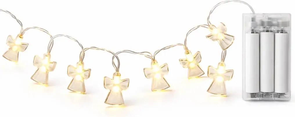 LED světýlka na baterie, akryloví andílci, 1,5 m, teple bílá, 10 diod, čirý kabel, IP20 interiér, 2 × AA