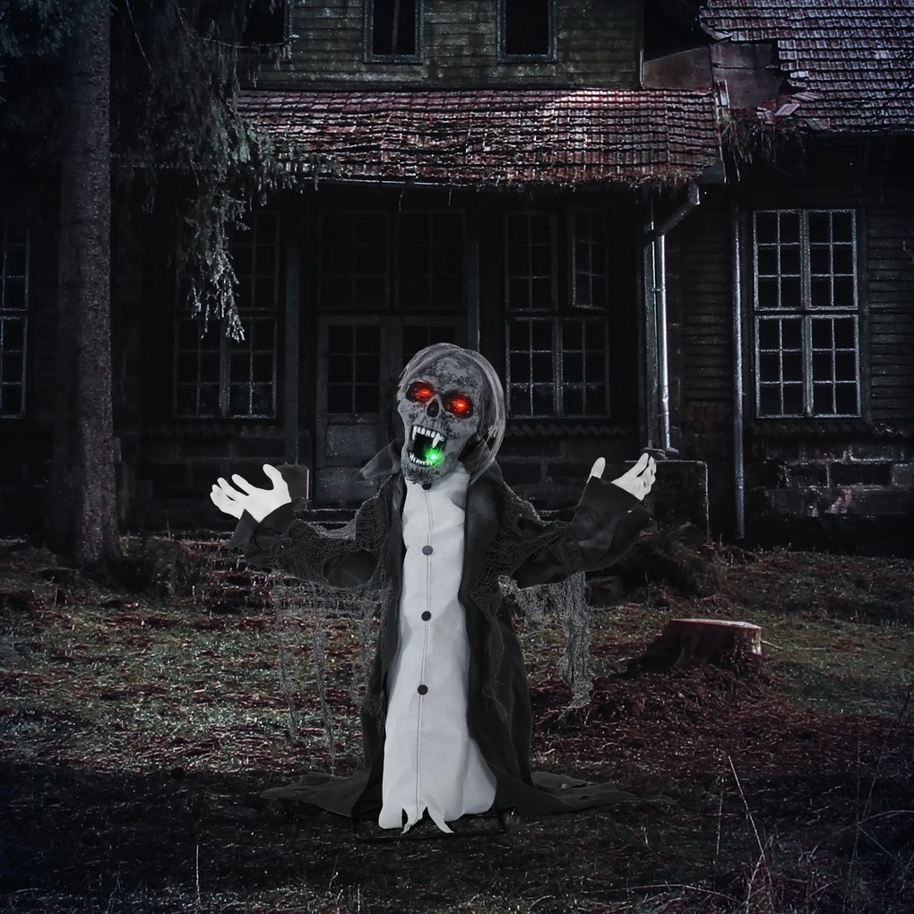 HOMCOM Halloweenská dekorace 75cm kostra s červenýma svítícíma očima a zvukem vytí, ovládaná pohybem, pro zahradu a interiér