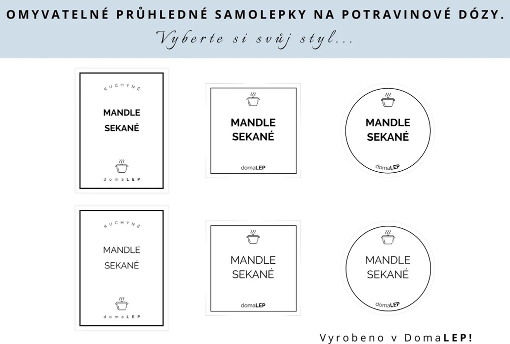 MANDLE SEKANÉ - omyvatelná samolepka na dózu, výběr rozměrů Ø 5 cm / 5 x 5 cm / 6 x 8 cm | DomaLEP tvar: ČTVEREC, barva: PRŮHLEDNÁ - ČERNÉ písmo, velikost: š. 5 cm x v. 5 cm - základní písmo