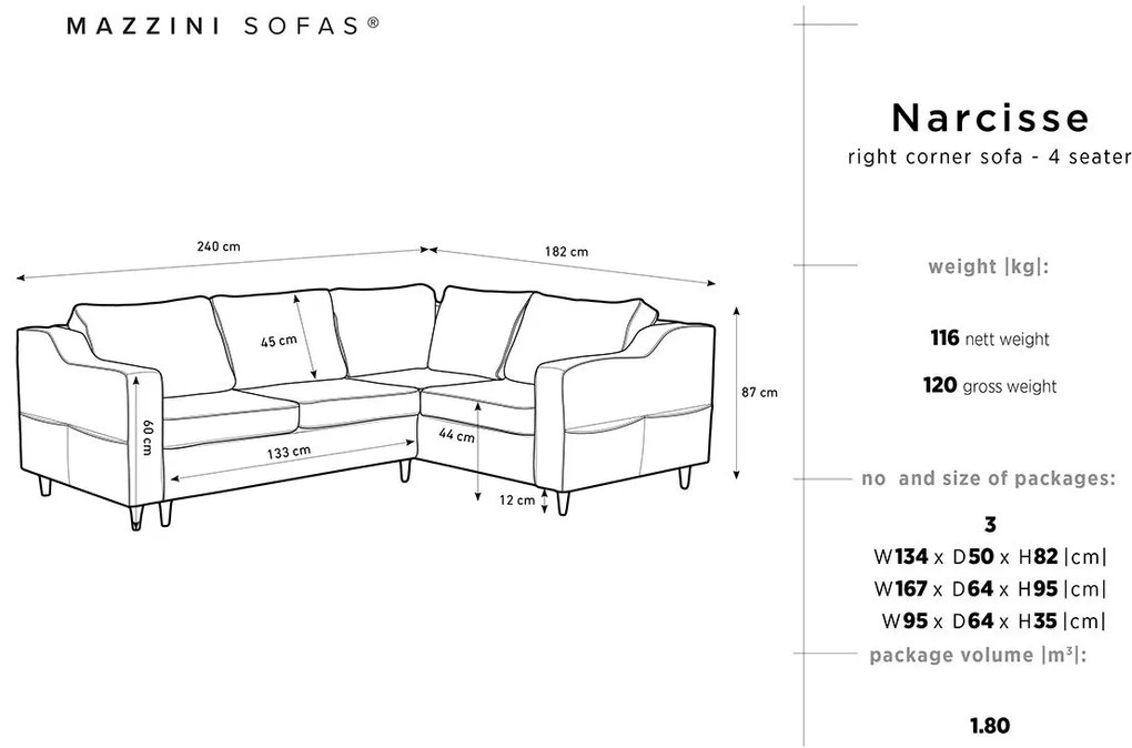 MAZZINI SOFAS Pětimístná rozkládací pohovka s úložným prostorem Narcisse pravý roh