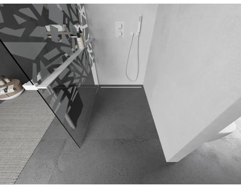 Mexen Kioto+, sprchová zástěna Walk-In s poličkou a věšákem 100 x 200 cm, 8mm čiré sklo bílý vzor, bílý profil, 800-100-121-20-85