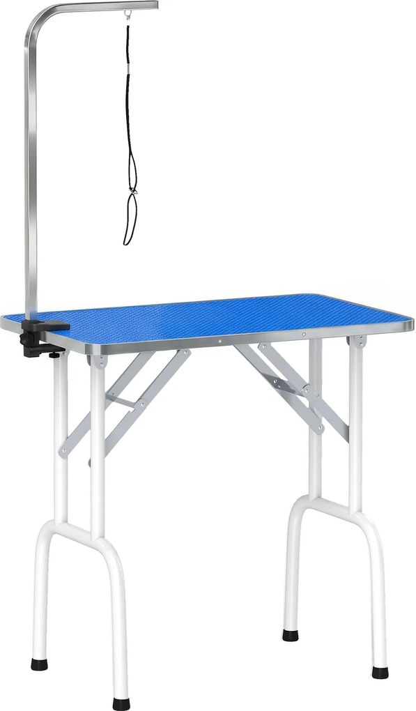 PawHut skládací stůl pro úpravu psů, protiskluzová plocha, nastavitelná nerezová paže, pro malé a střední psy, 81 × 48,5 × 80 cm, modrý