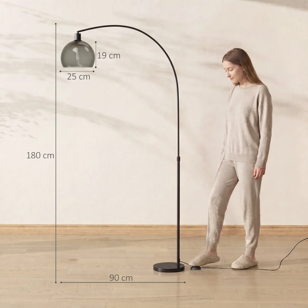 HOMCOM Stojací lampa, ohnutá hlava, nožní spínač, mramorový podstavec, plastový stínidlo, šedá