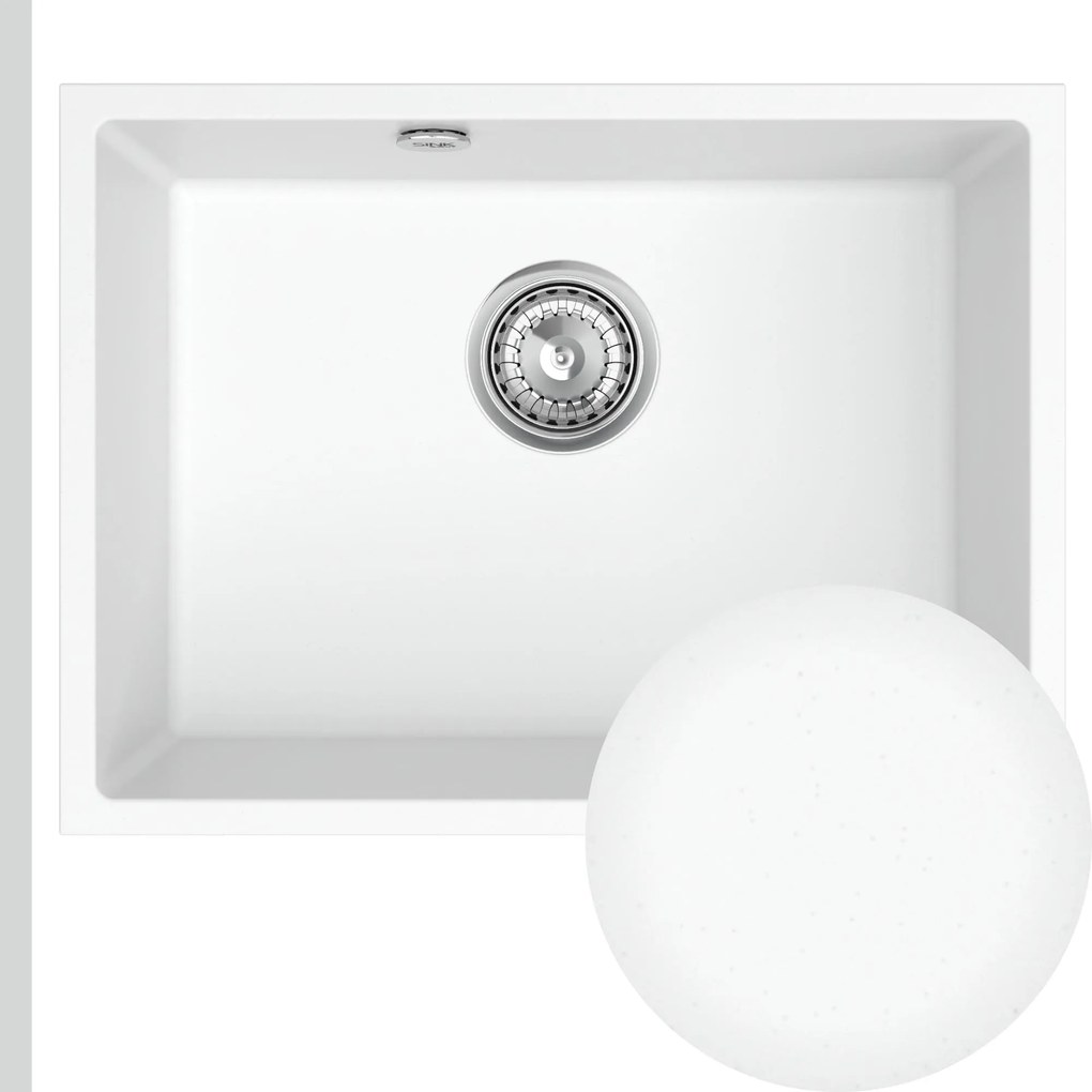 Sink Quality Crypton 60, kuchyňský granitový dřez 535x400x205 mm + chromový sifon, bílá, SKQ-CRY.W.1KBO.60.X