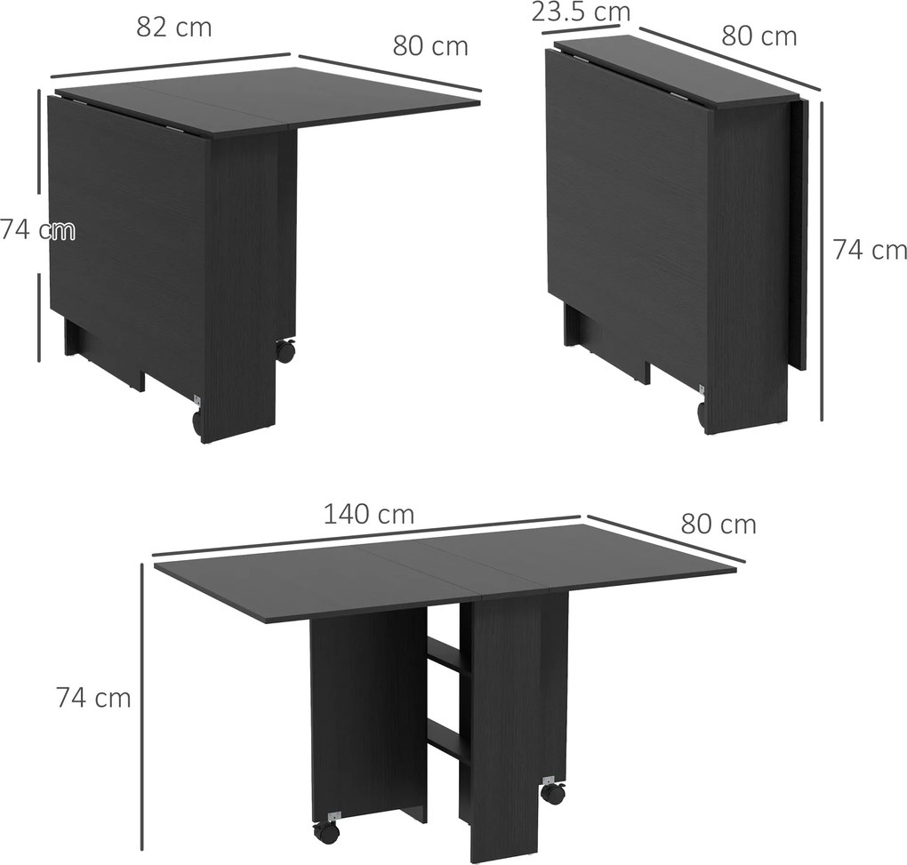 HOMCOM Skládací Stůl na Kolečkách, Moderní Jídelní Stůl, Úsporný Skládací, Moderní Design, s Kolečky, Úložné Poličky, 140 × 80 × 74 cm, Černý