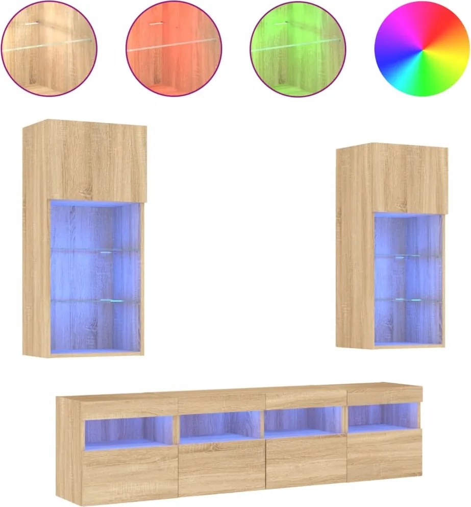 5dílná obývací stěna s LED dub sonoma kompozitní dřevo 3216745