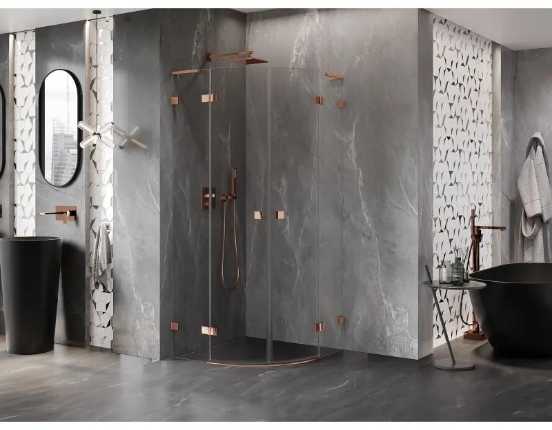 Mexen Lunar, L výklopný půlkruhový sprchový kout 100 x 100 cm, 8mm čiré sklo, profil růžové zlato, 833L-100L-100P-60-00