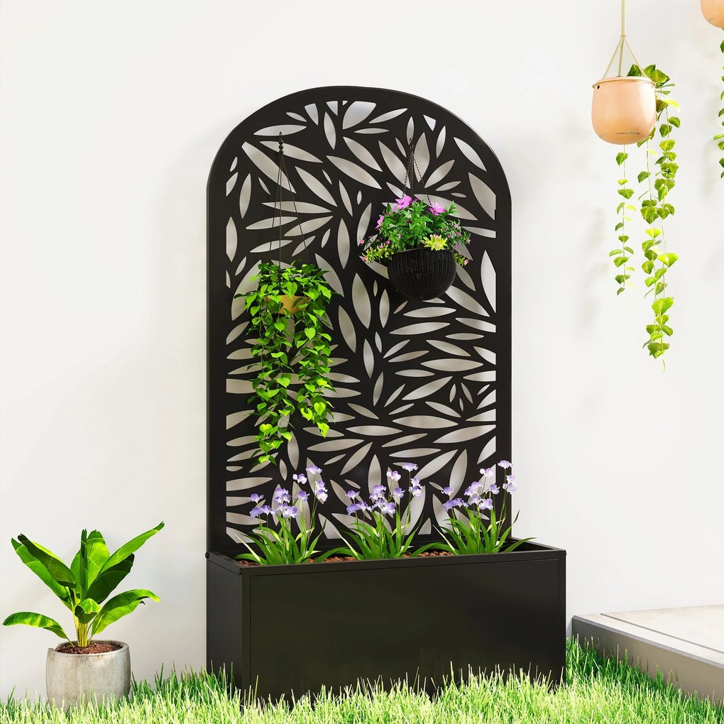 Outsunny vyvýšený truhlík s listovým trelážem — kovový květináč 61 × 23 × 113 cm pro zahradu, balkon a terasu