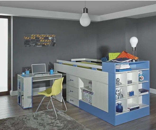 Harmonia Vyvýšená postel s psacím stolem Adéla - modrá 90x200 cm