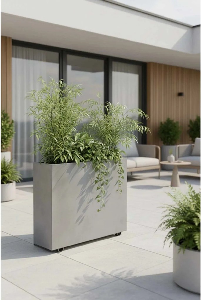Květináč ELEMENTO na kolečkách, sklolaminát, šířka 88 cm, beton design šedá, outlet