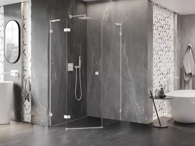 Mexen Lunar, L pětiúhelníkový sprchový kout naklápěcí doleva 90 x 100 cm, 8mm čiré sklo, bílý profil, 831L-090L-100P-20-00-L