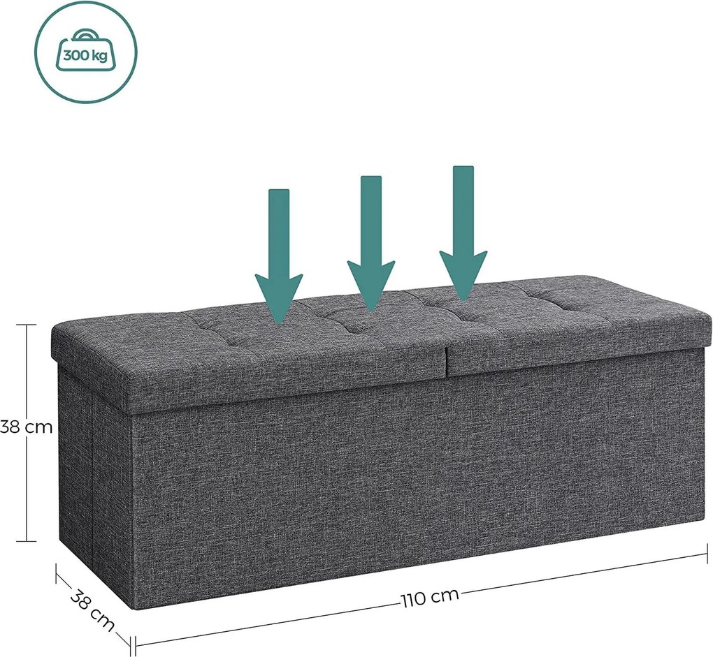 Puf, skládací úložná lavice otoman, sedací lavice, 120l, tmavě šedý, 110 x 38 x 38 cm