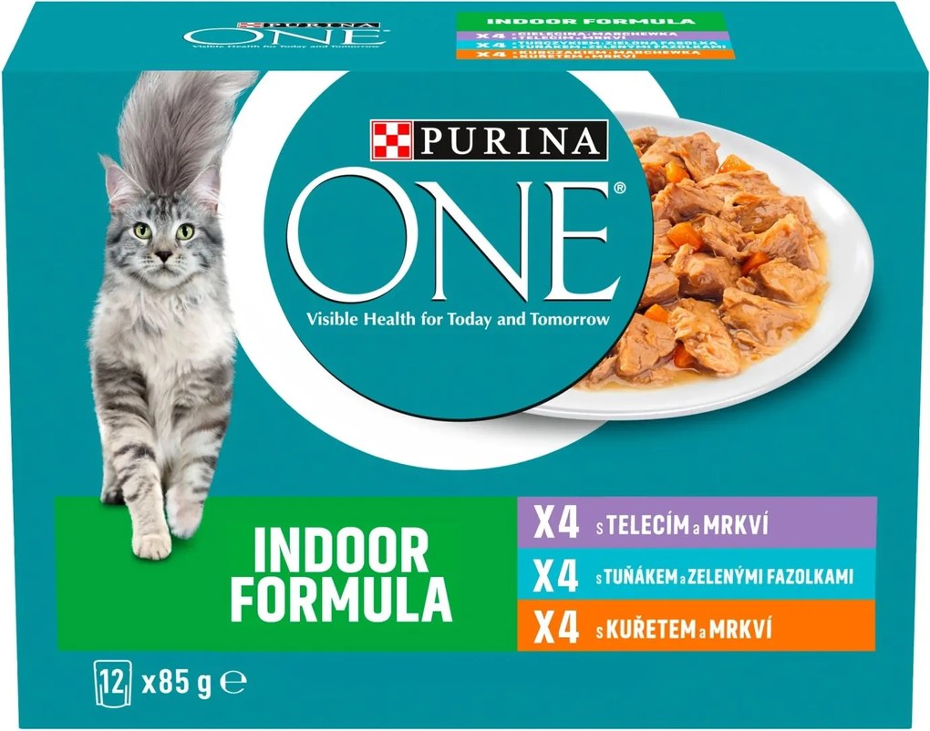 Purina ONE Indoor Kapsička pro kočky telecí, tuňák, kuře 12 x 85 g