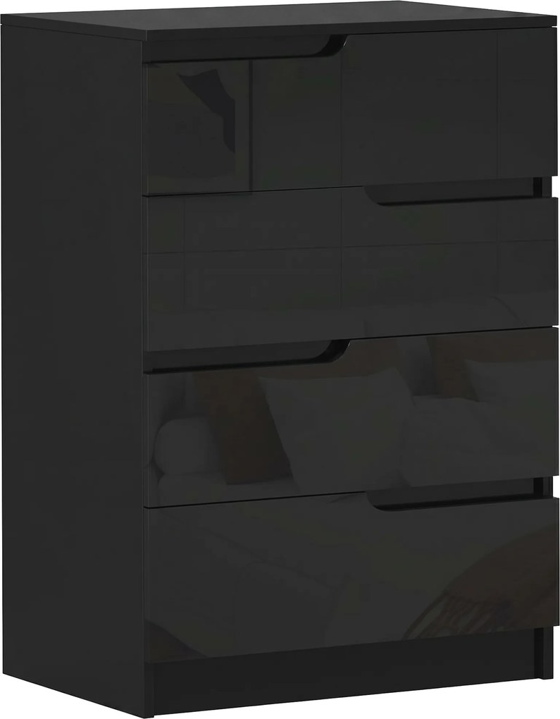 HOMCOM komoda se 4 zásuvkami, moderní a minimalistická, dřevěná, 60x40x85 cm, černý lak vysoký lesk