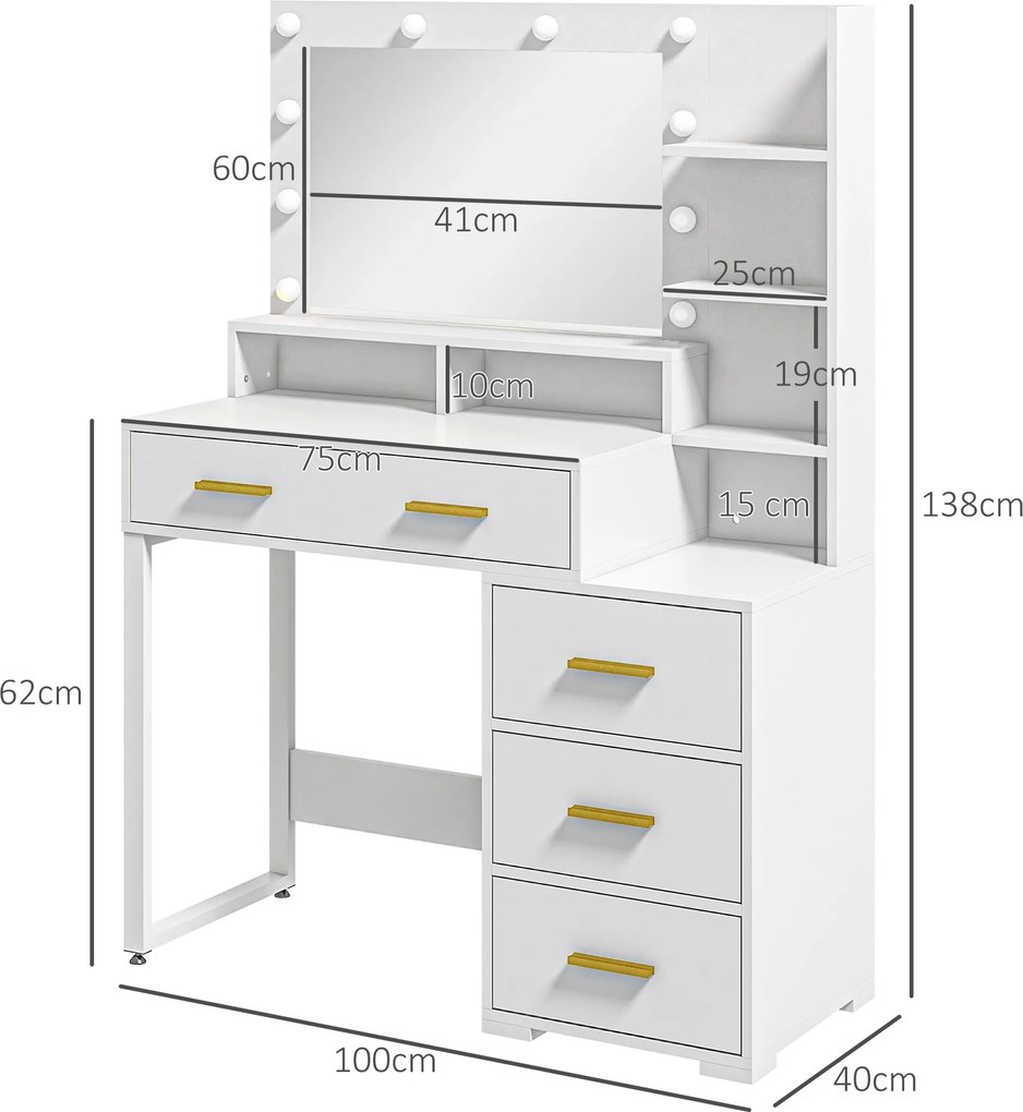 HOMCOM toaletní stolek se zrcadlem a 9 LED světly, 4 zásuvky a 6 otevřených přihrádek, 100 x 40 x 138 cm, bílý