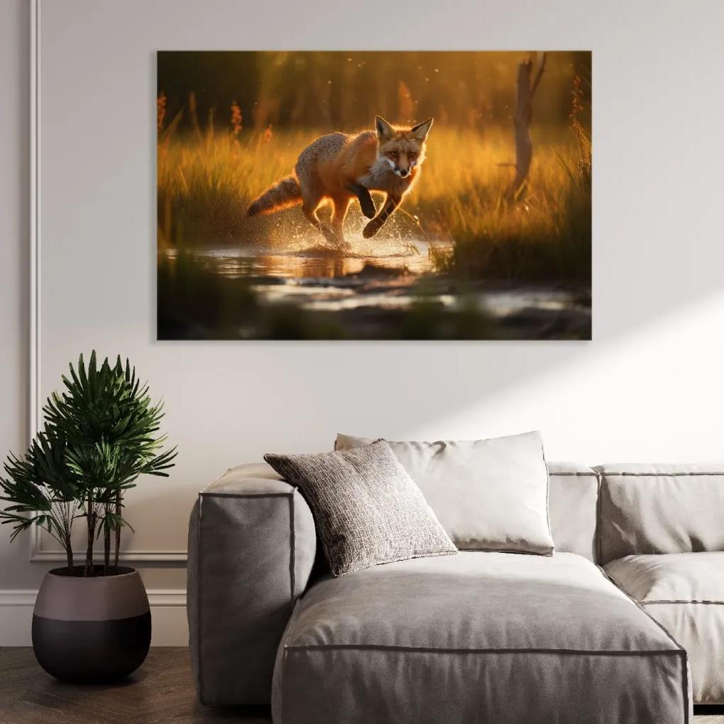 Obraz na plátně - Liška běžící vodou FeelHappy.cz Velikost obrazu: 180 x 120 cm