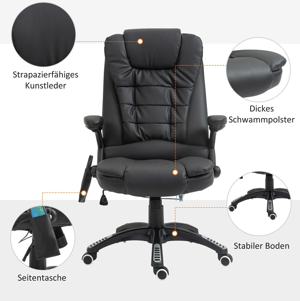 HOMCOM Kancelářské křeslo Manažerské křeslo s 6bodovou vibrační masáží a funkcí vyhřívání, imitace kůže, otočné, 62x68x111-121cm| Aosom
