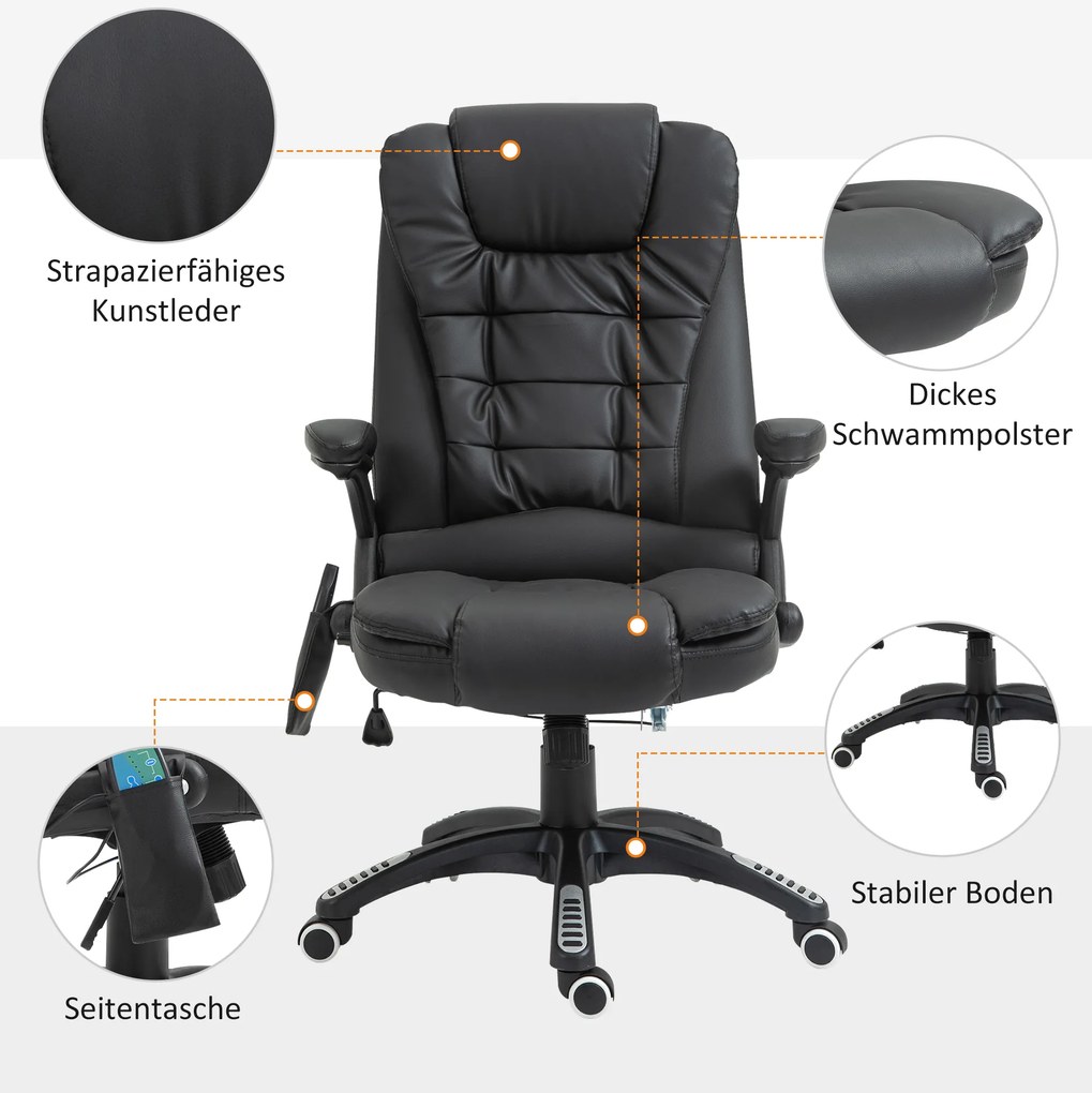 HOMCOM Kancelářské křeslo Manažerské křeslo s 6bodovou vibrační masáží a funkcí vyhřívání, imitace kůže, otočné, 62x68x111-121cm