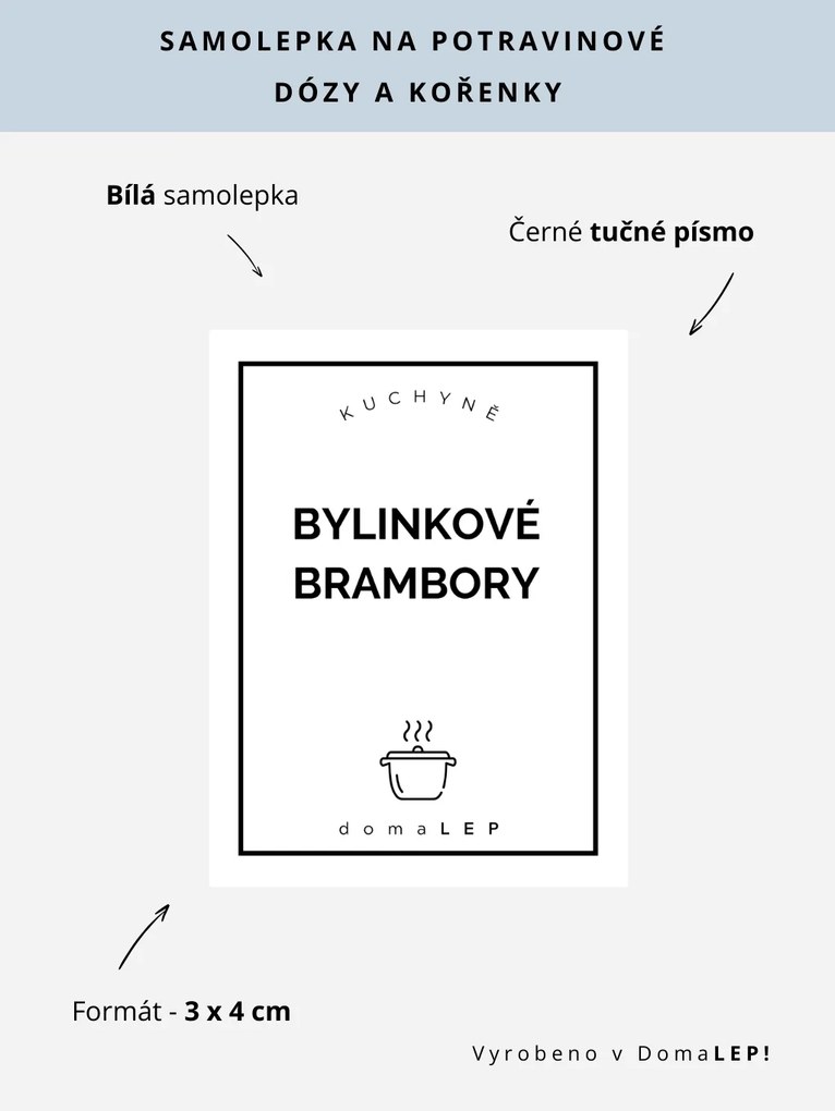 Samolepka na kořenky BYLINKOVÉ BRAMBORY bílá 3 × 4 cm tučné písmo