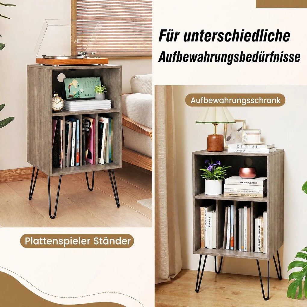 Costway Stojan na gramofon s nabíjecí stanicí Vinylová – šedá