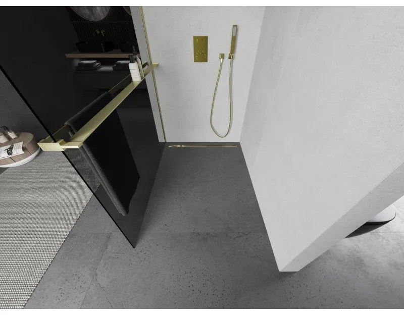 Mexen Kioto+, sprchová zástěna Walk-In s poličkou a věšákem 90 x 200 cm, 8mm šedé sklo, zlatý matný profil, 800-090-121-55-40
