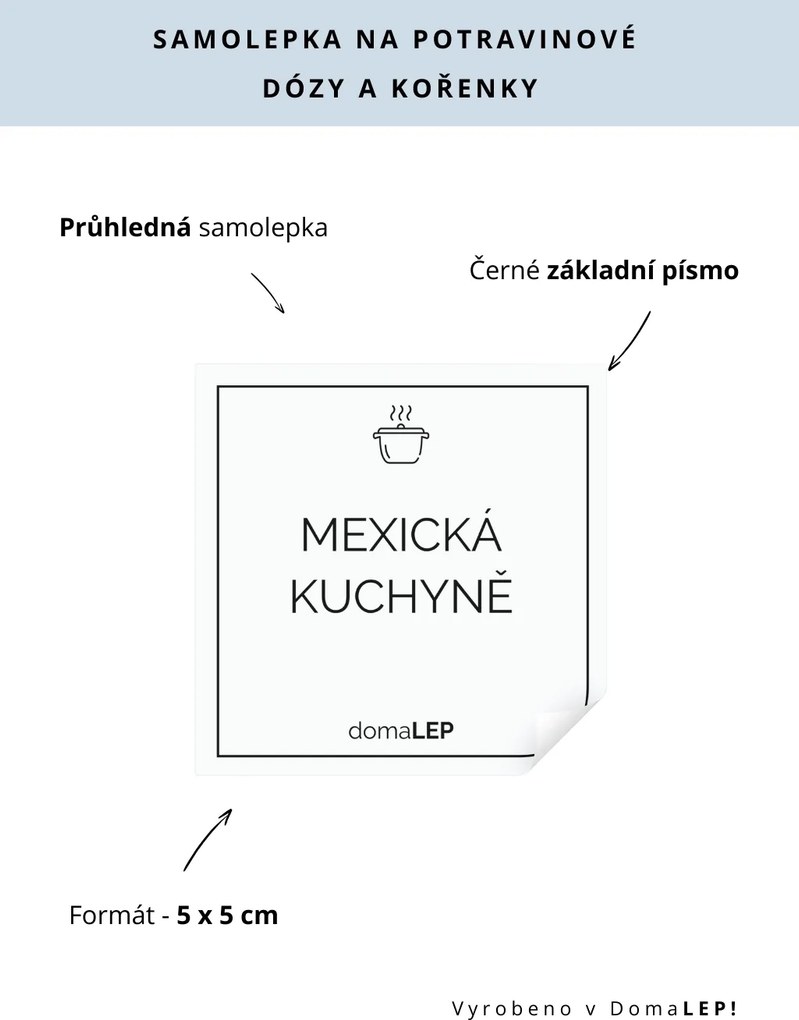 Samolepka na kořenky MEXICKÁ KUCHYNĚ průhledná 5 × 5 cm základní písmo