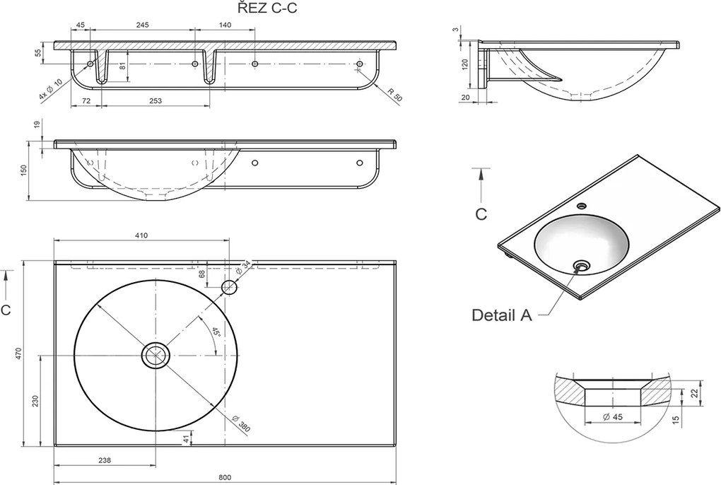 Sapho, JUNO umyvadlo 80x15x47cm, litý mramor, bílá, levé, JU080