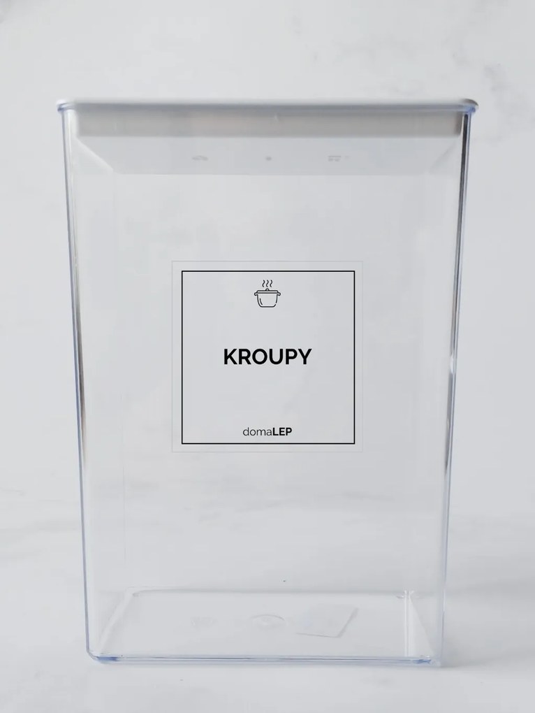 KROUPY – průhledná samolepka na dózu, tučné písmo, 5 × 5 cm | DomaLEP