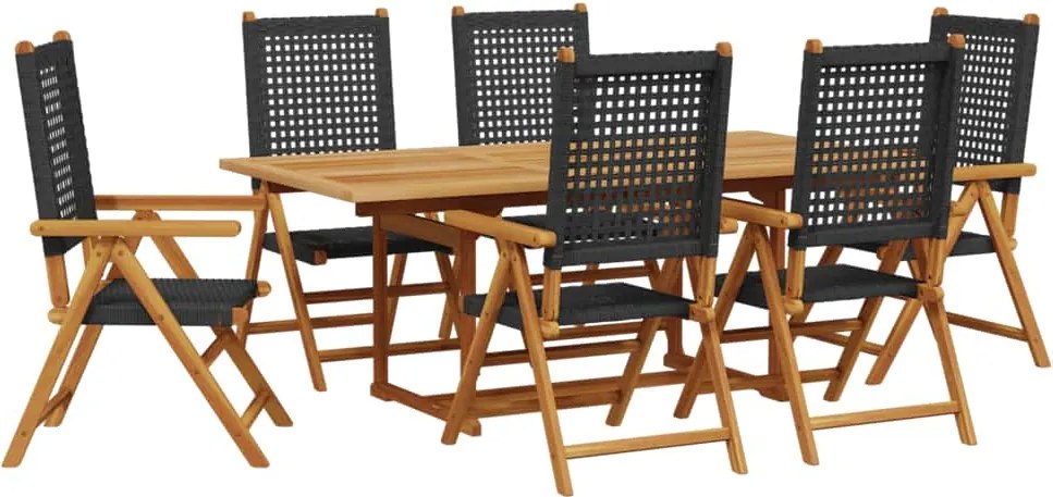 7dílný zahradní jídelní set černý polyratan a masivní dřevo 3281730