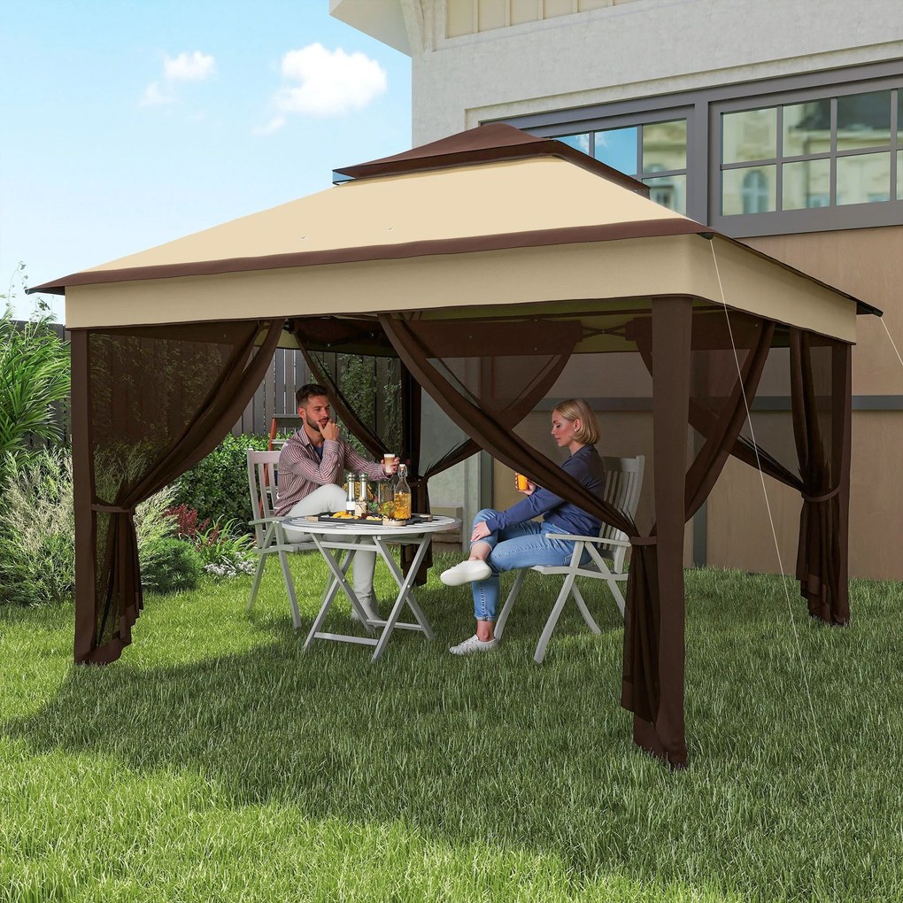 Skládací altán Outsunny 3x3x2,7m s nastavitelnou výškou dvojité střechy, moskytiérou, UV30+ ochranou, voděodolný a s nosičem - ideální pro zahradní p…