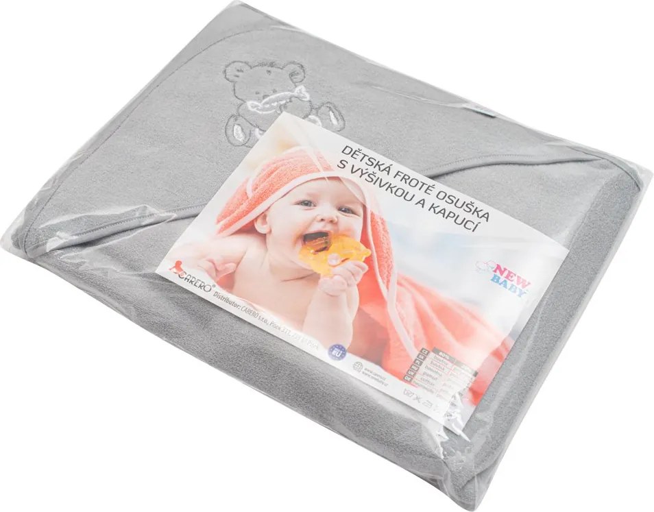 Dětská froté osuška s výšivkou a kapucí New Baby 100x100 šedá medvěd