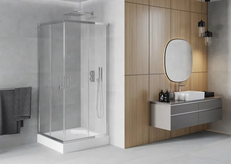 Mexen Rio, čtvercový sprchový kout 90 x 90 cm, 6mm čiré sklo, chromový profil + bílá sprchová vanička RIO, 860-090-090-01-00-4510