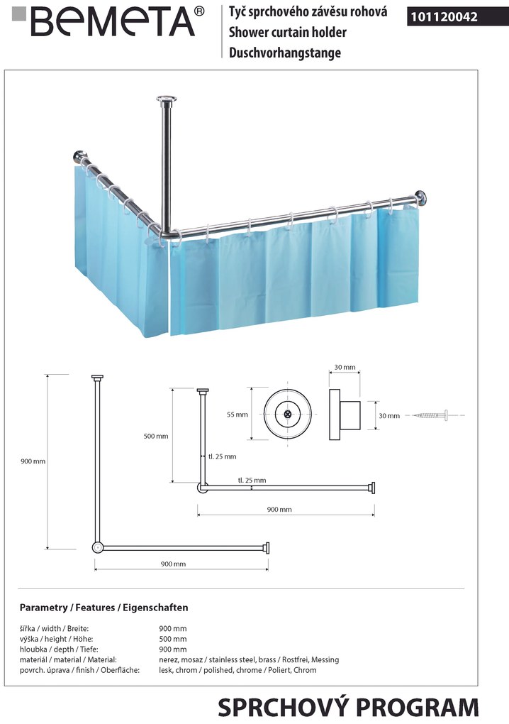 Bemeta Design Tyč sprchového závěsu, 900 x 900 mm, rohová, nerez, lesk - 101120042