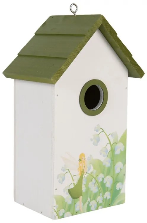 Bílo-zelená dřevěná budka pro ptáčky s konvalinkami a vílou – 15x10x22 cm
