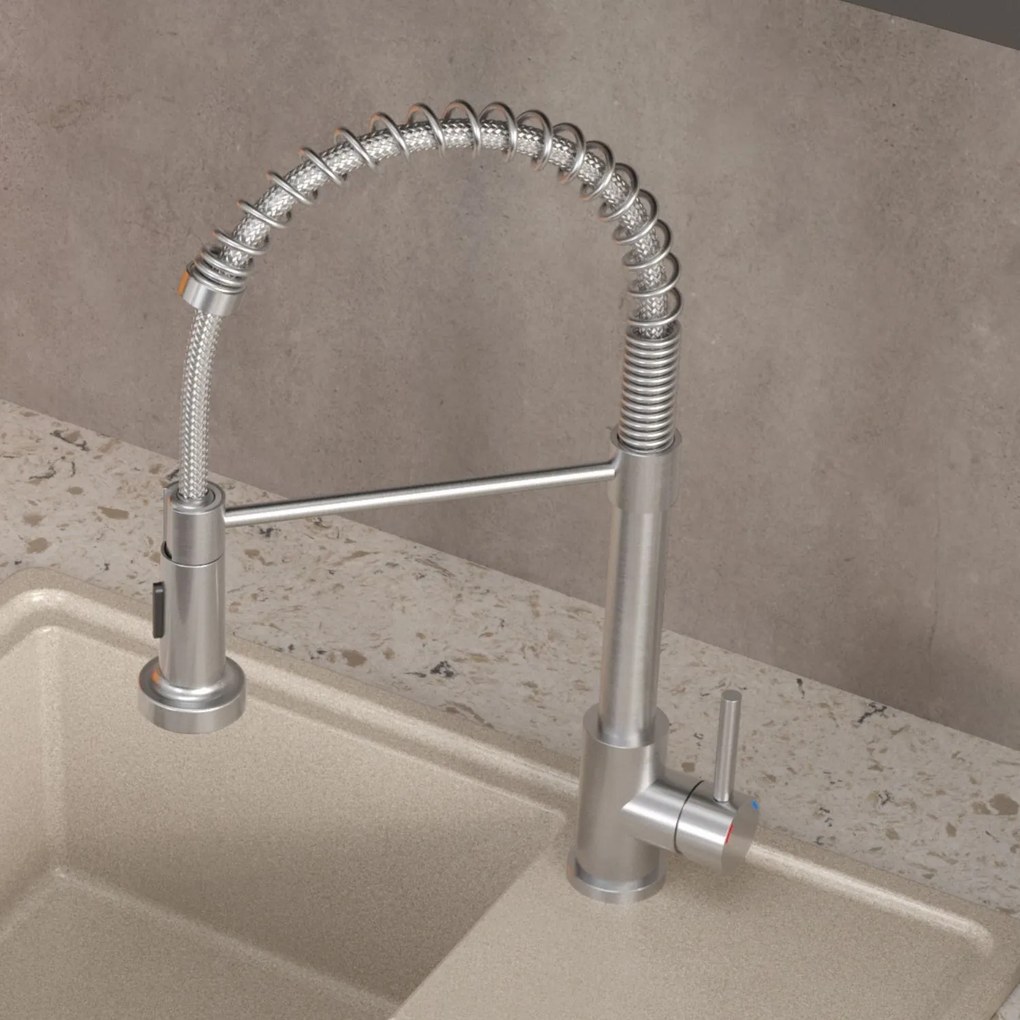 Kuchyňská dřezová baterie QUADRON SALMA NEW s pružinovou hadicí a sprchou v provedení broušená ocel