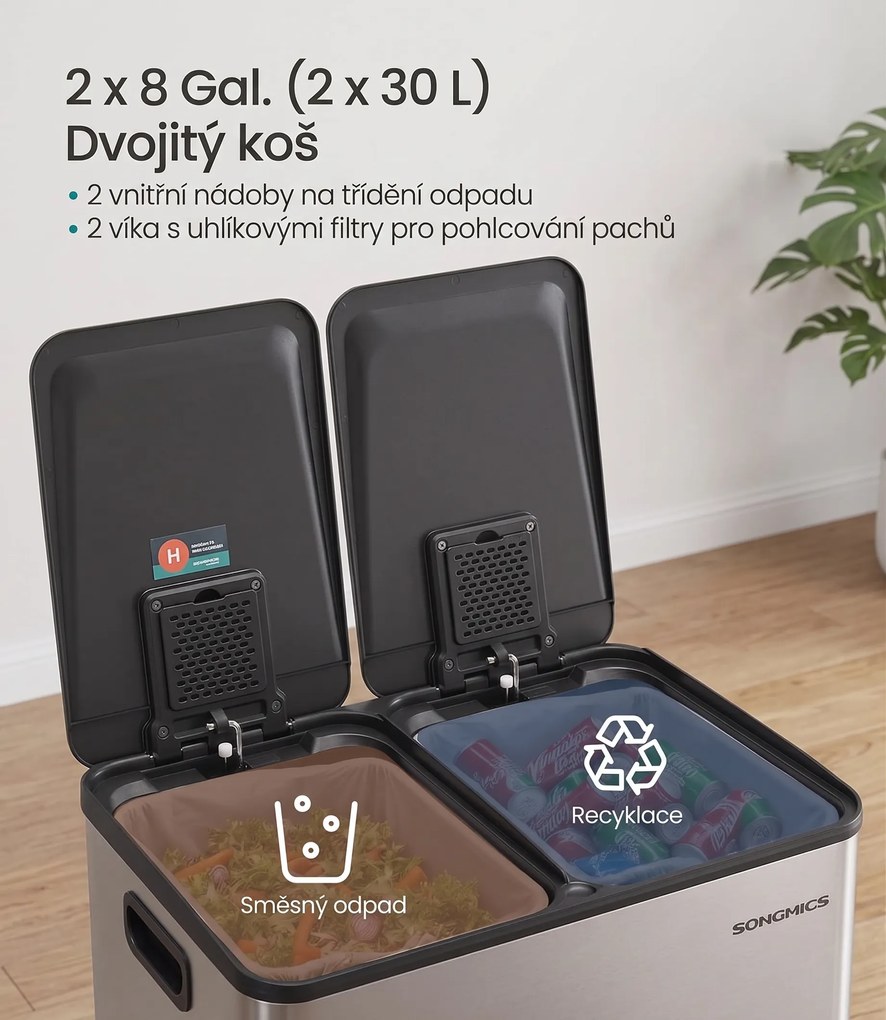 Odpadkový koš s víkem JORDAN 2x30 L tmavě šedý II
