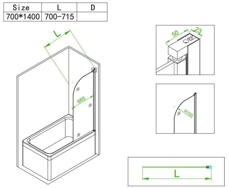 BPS-koupelny Jednodílná vanová zástěna HYD-PR01 70x140 zlatá/transparent