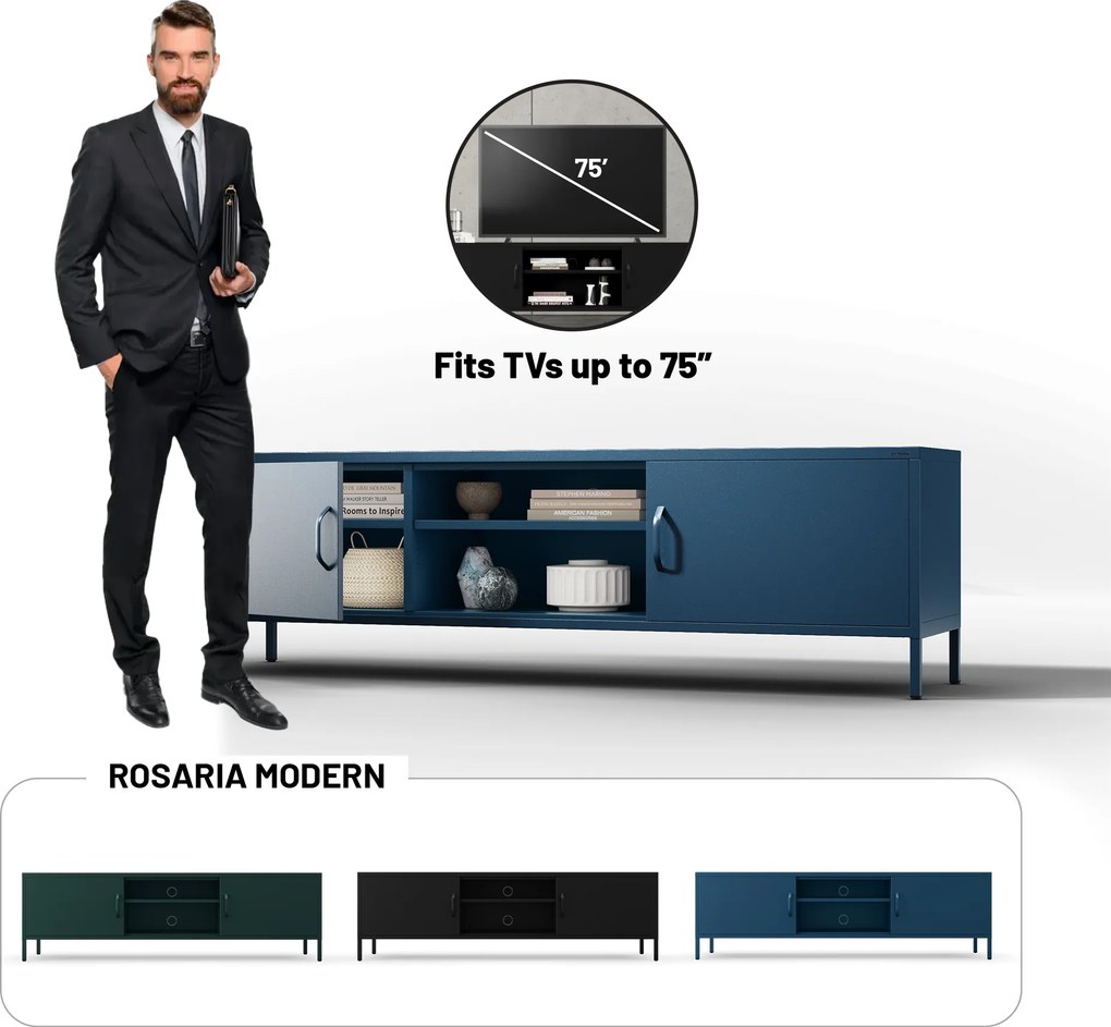 TV stolek kovový široký XL na nožkách, námořnická modrá, 1700x400x500 mm: ROSARIA