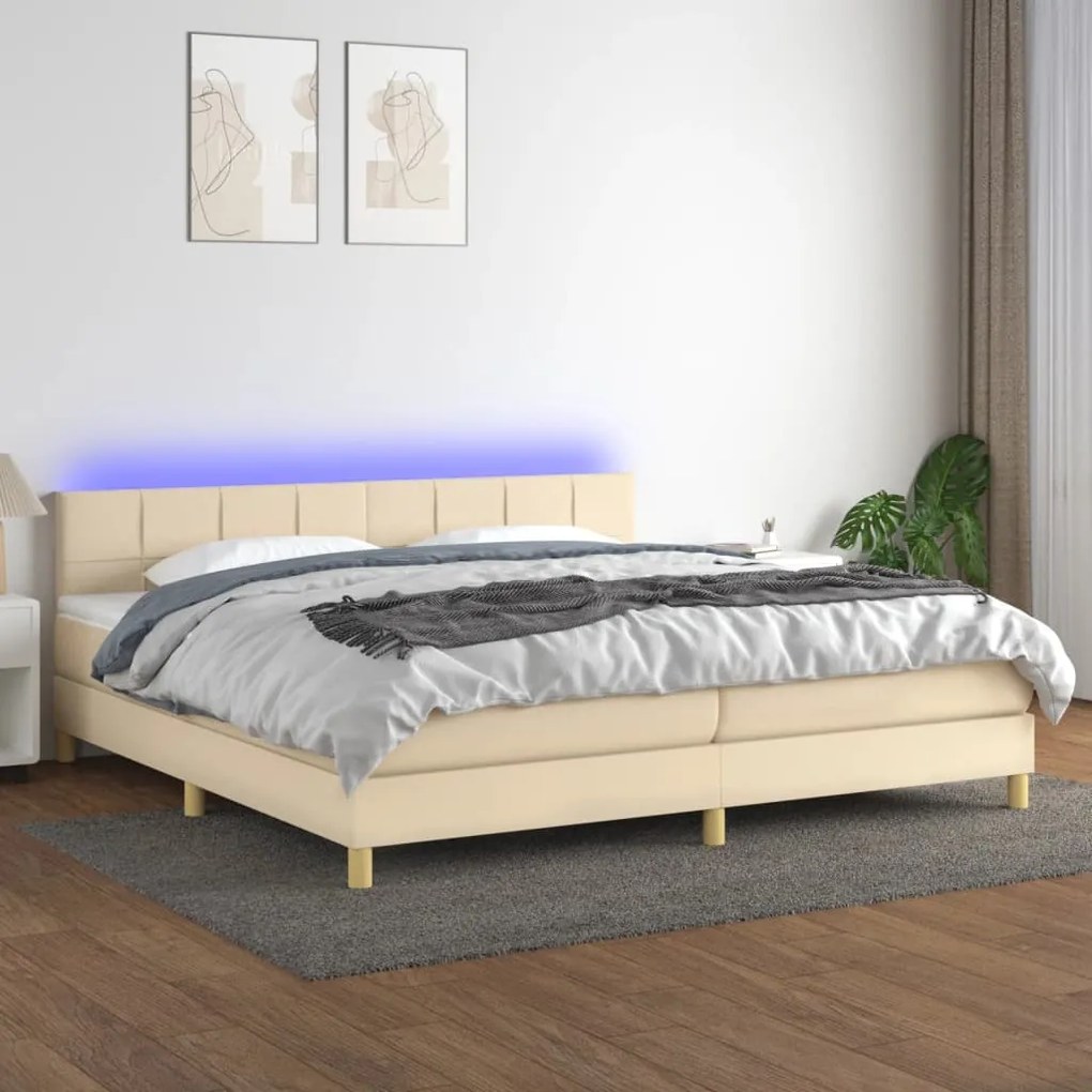 Box spring postel s matrací a LED krémová 200x200 cm textil 3133746