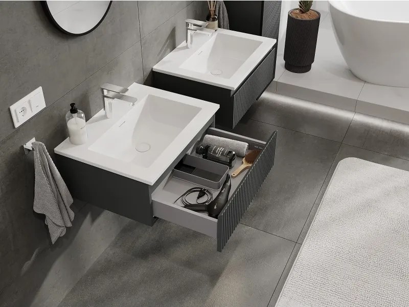 Mexen Rivel, koupelnová skříňka 60 cm s umyvadlem Otis, 1 zásuvka, drážkovaná, grafitová matná/bílá matná, 91A20-06023-1-BF66-W18M01