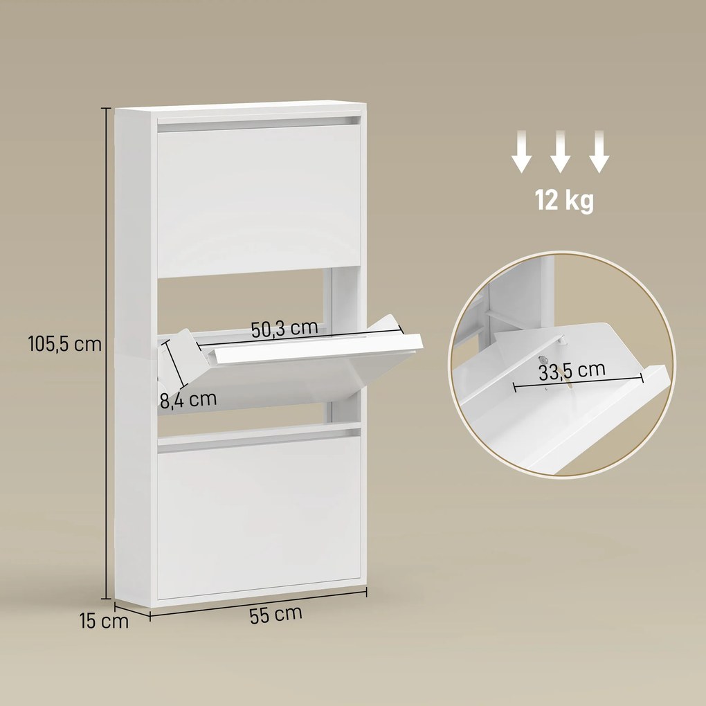 HOMCOM kovová skříňka na boty s 3 výklopnými přihrádkami — úzká nástěnná skříňka na 6 párů, 55 × 15 × 105,5 cm, bílá