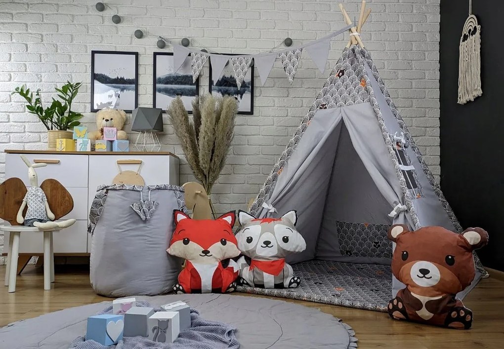 Dětský stan TEEPEE (TÝPÍ) ANIMALS s doplňky - MEDVÍDEK A KAMARÁDI - šedý