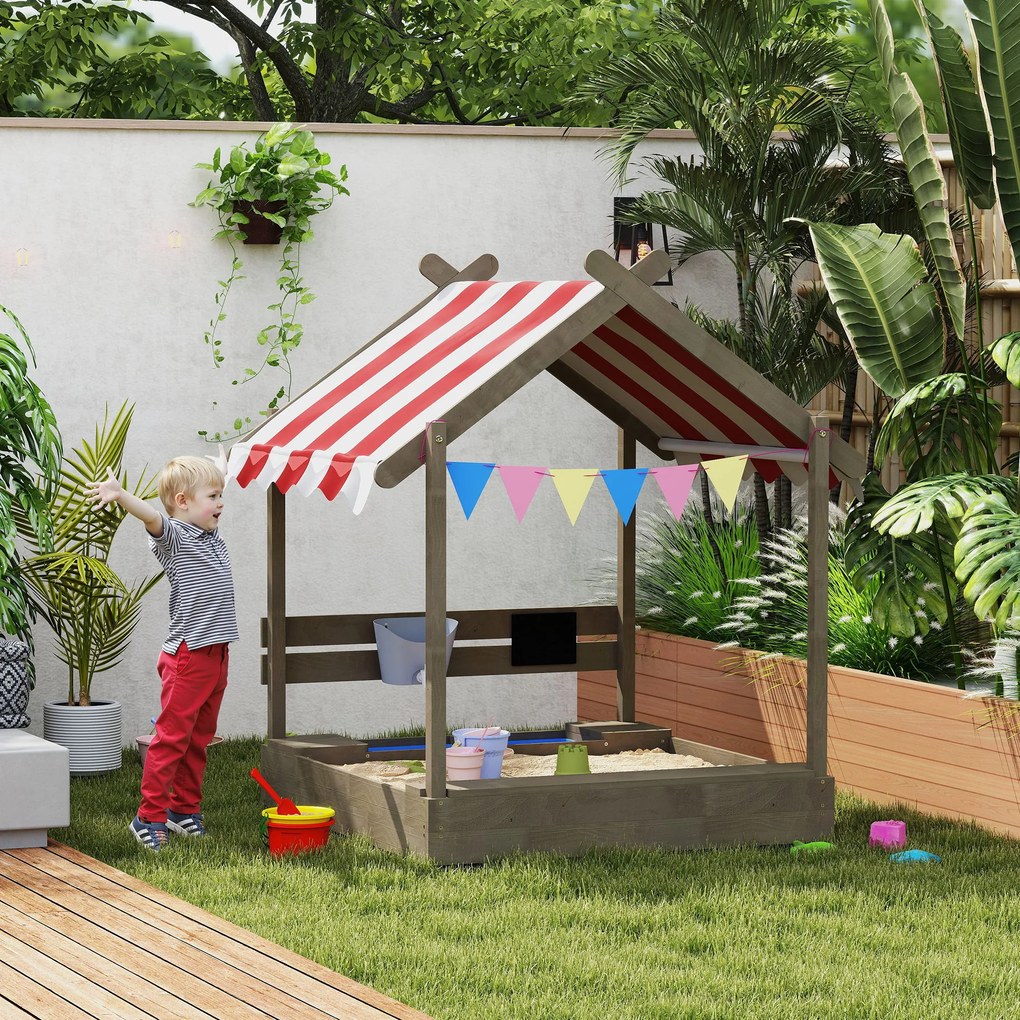 Outsunny Pískoviště s ochranou proti slunečnímu záření, design domečku na hraní, se sadou hraček, opracované masivní dřevo, 124 x 116 x 146 cm, šedá …