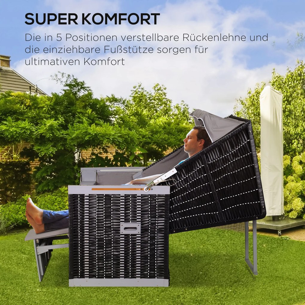 Outsunny plážové lehátko s plným sklápěním dvojité lehátko se střechou zahradní lehátko držák na kelímek lehátko PE ratan šedé 118 x 79 x 50 cm | Aos…