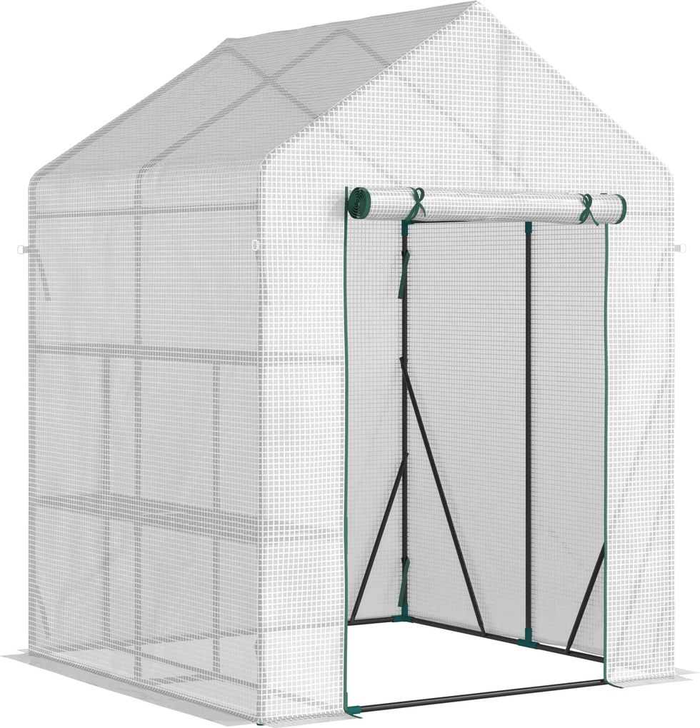 Outsunny Fóliový skleník Walk-in se 4 policemi Skleník na rajčata Skleník se studeným rámem Bílý PE 143x143x195cm pro zahradu a rostliny | Aosom.de